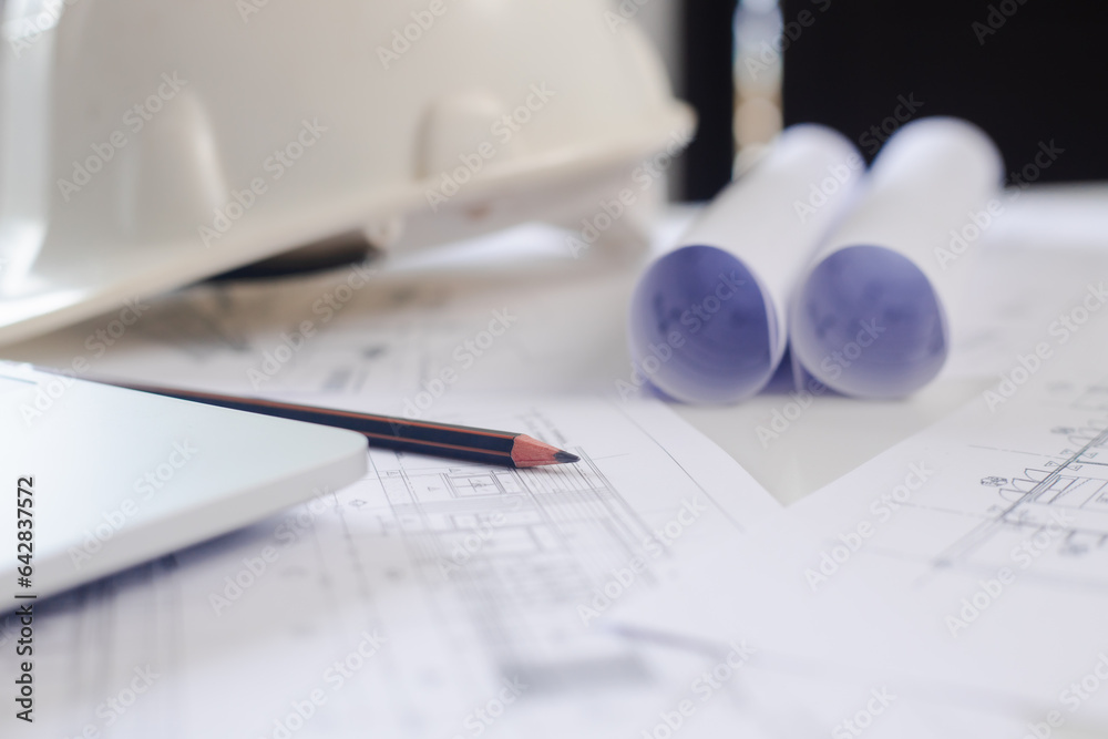 Profession concept with architect desk and tools white background top ...