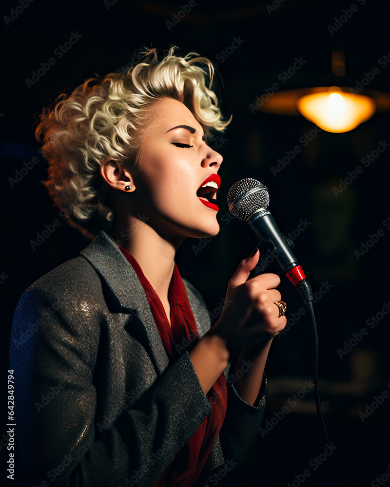 Female Singer on a stage holding a microphone while singing a song ...