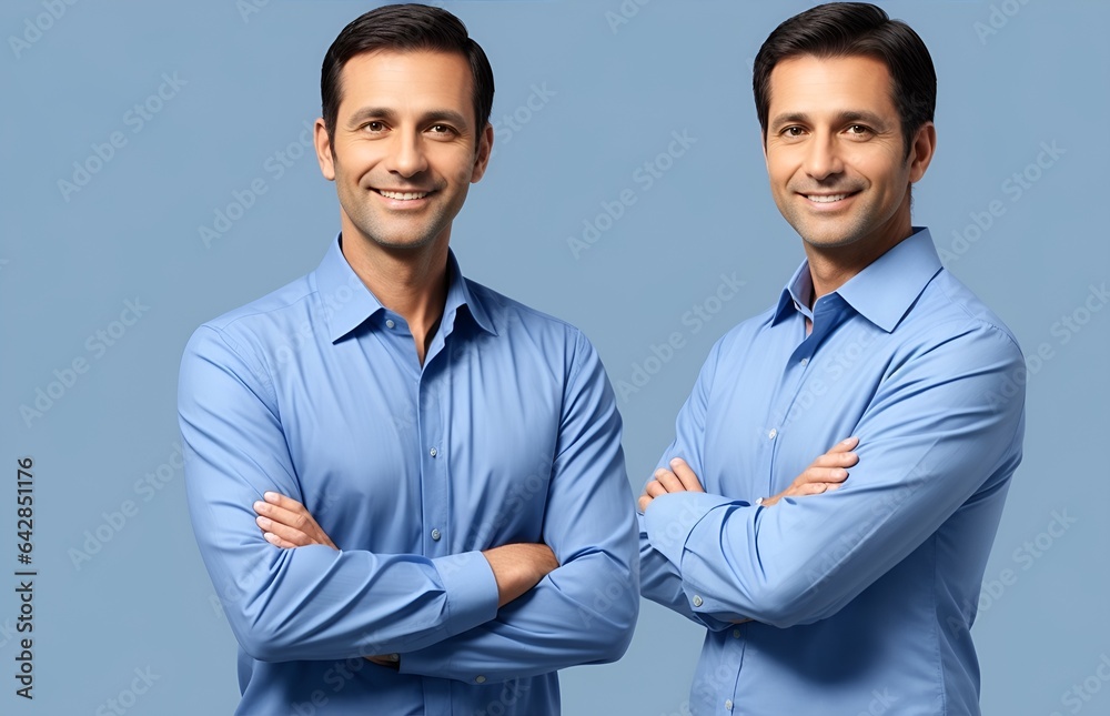 Identical Twins: A pair of identical twin men stand side-by-side, arms ...
