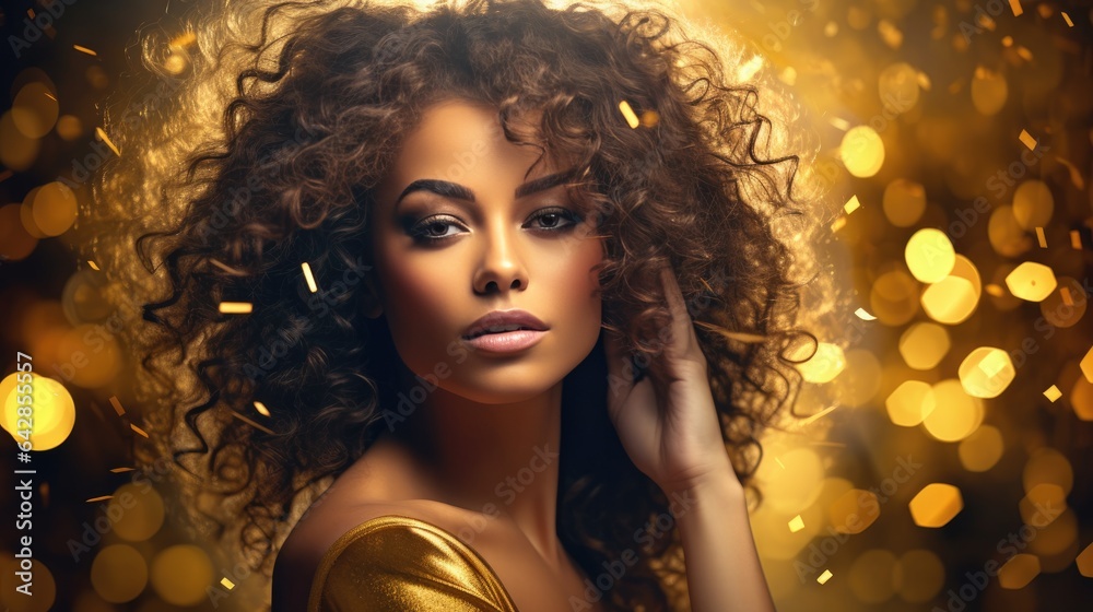 beautiful young woman in gold glitter flares, advertising product ...