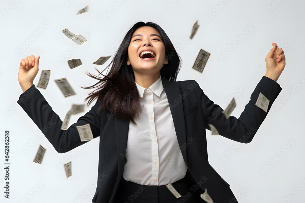 Portrait happy woman exults pumping fists ecstatic celebrates success ...