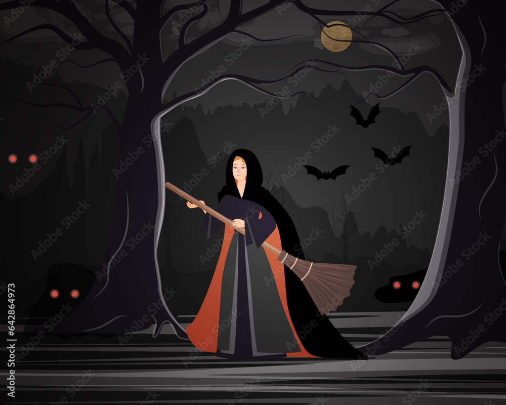 Witch with broomstick in forest at night vector illustration. Cartoon ...