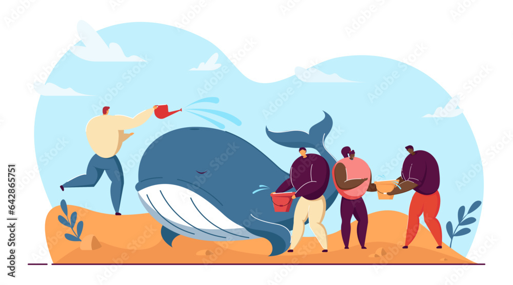 Volunteers pouring water on beached whale vector illustration. Cartoon ...