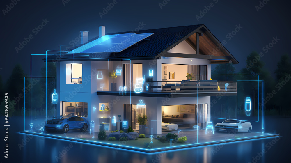 smart home - smarthome technology illustrated. Modern two-story house ...