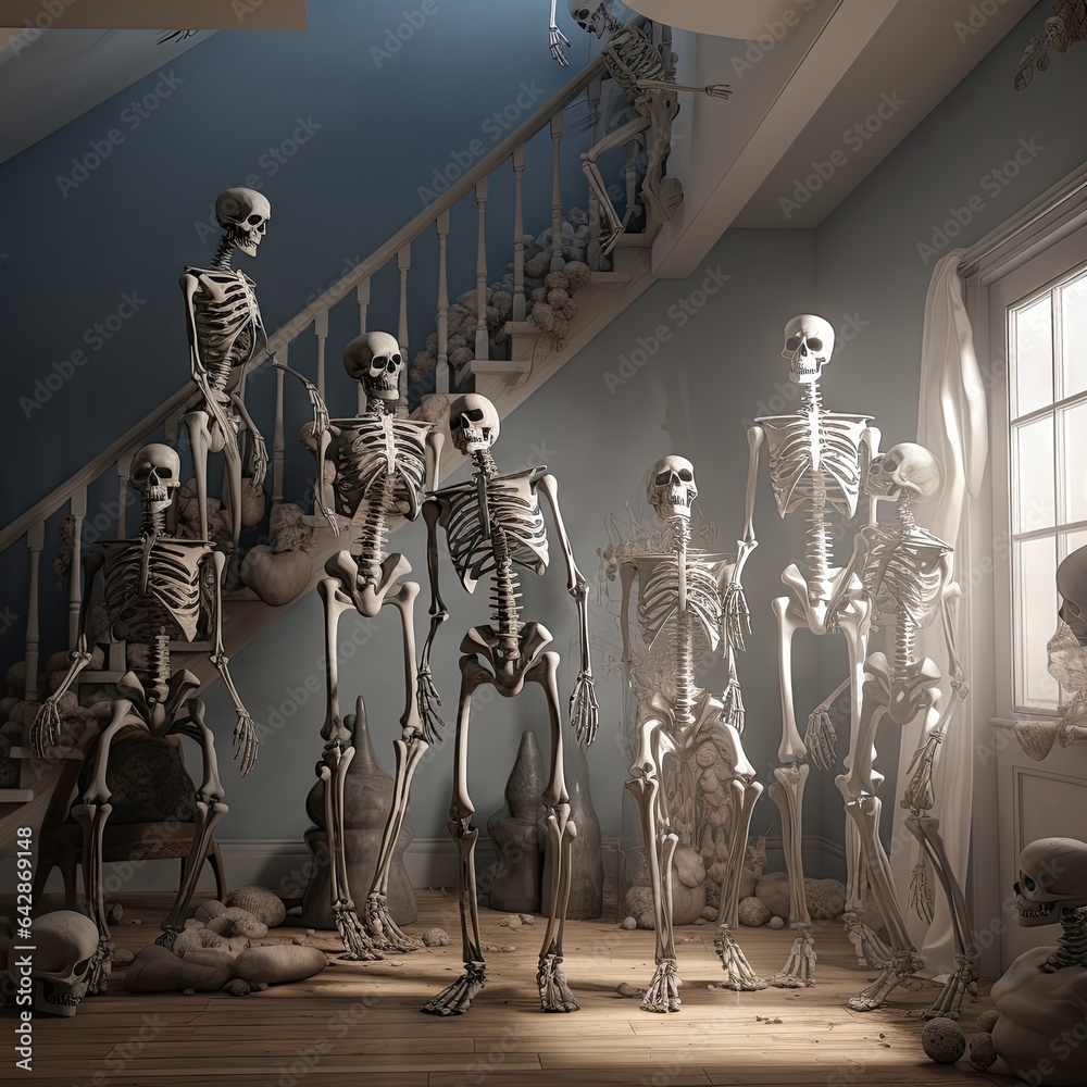skeletons standing in front of a staircase and looking up at the camera ...