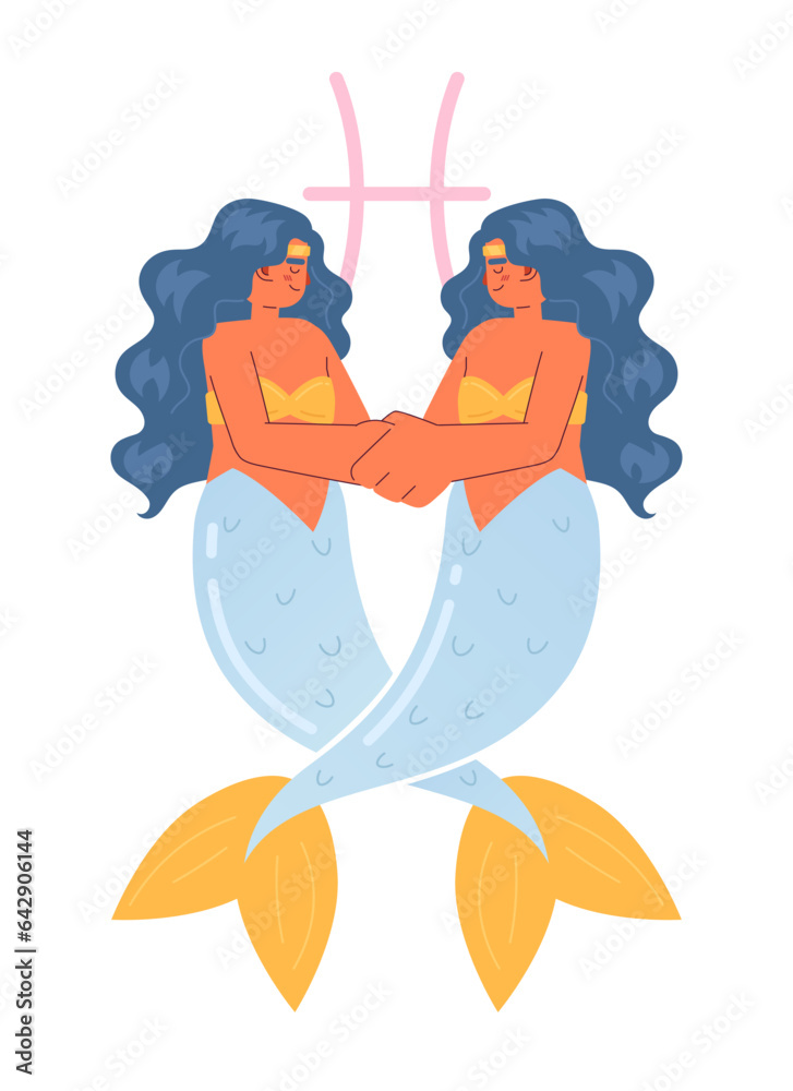 Pisces zodiac sign flat concept vector spot illustration. Mermaid tails ...