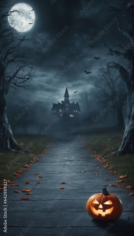 Hallowing background with copy space, a haunted house, bats pumpkins ...