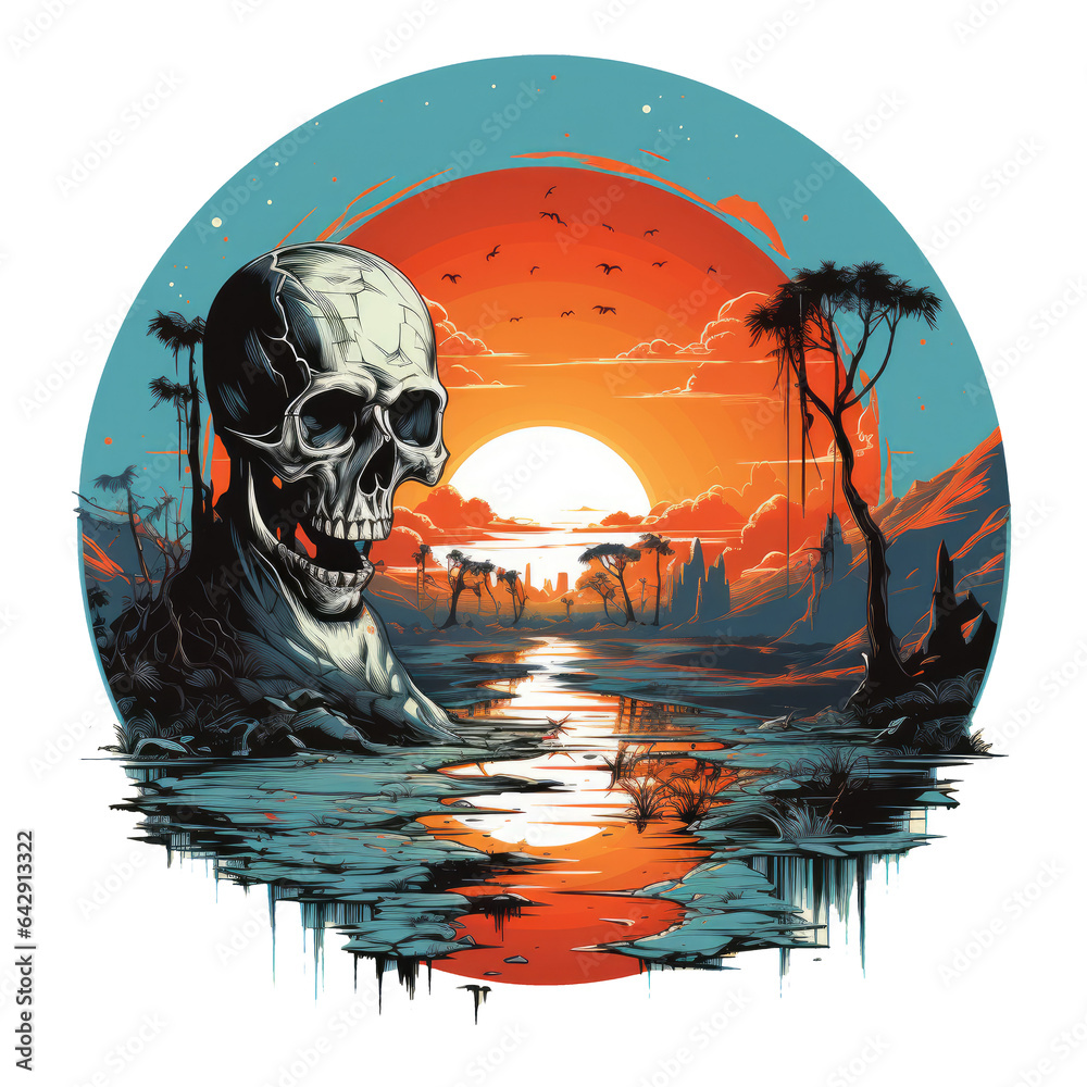 A skull head t-shirt design set in a post-apocalyptic world, where the ...