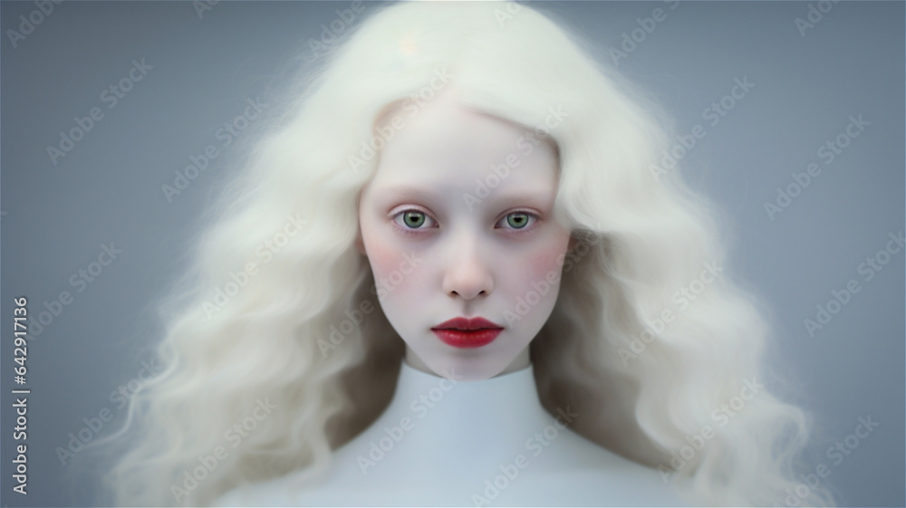 A portrait of a beautiful woman with pure white skin and hair wearing a ...