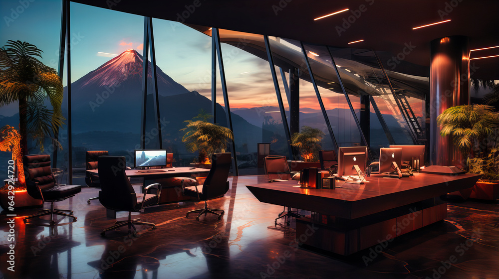 Volcano base office with geothermal energy and magma motifs. Stock ...