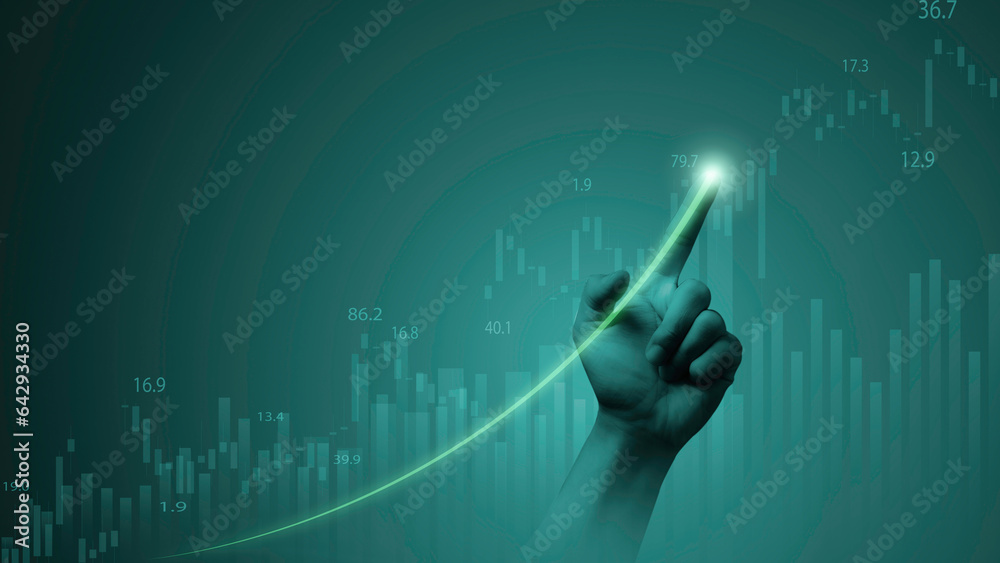 Hand drawing up trend on stock market graph chart for investor trading ...