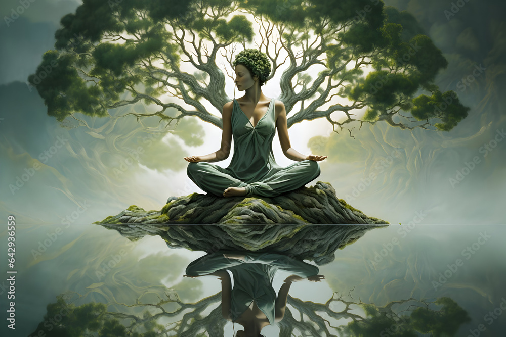 A figure in a tranquil pose, with a tree of mindful thoughts and ...