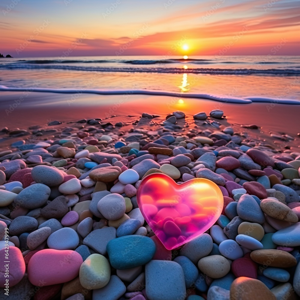 Crimson sunset on a beach filled with glowing natural colored heart ...