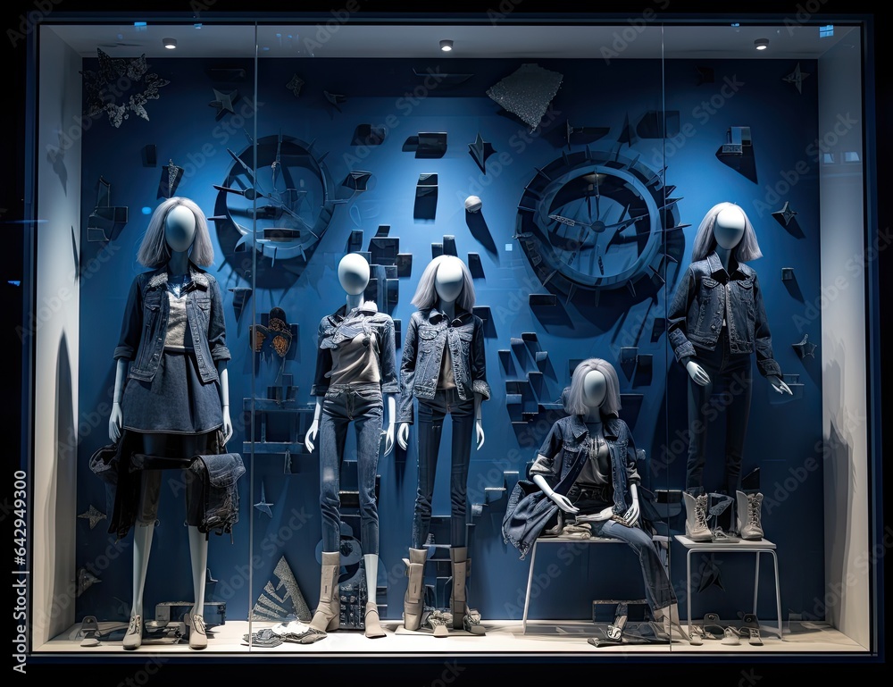 three manns in the window of a clothing store with blue walls and ...