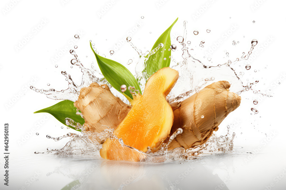 Fresh ginger and water splash with green leaves isolated on white ...