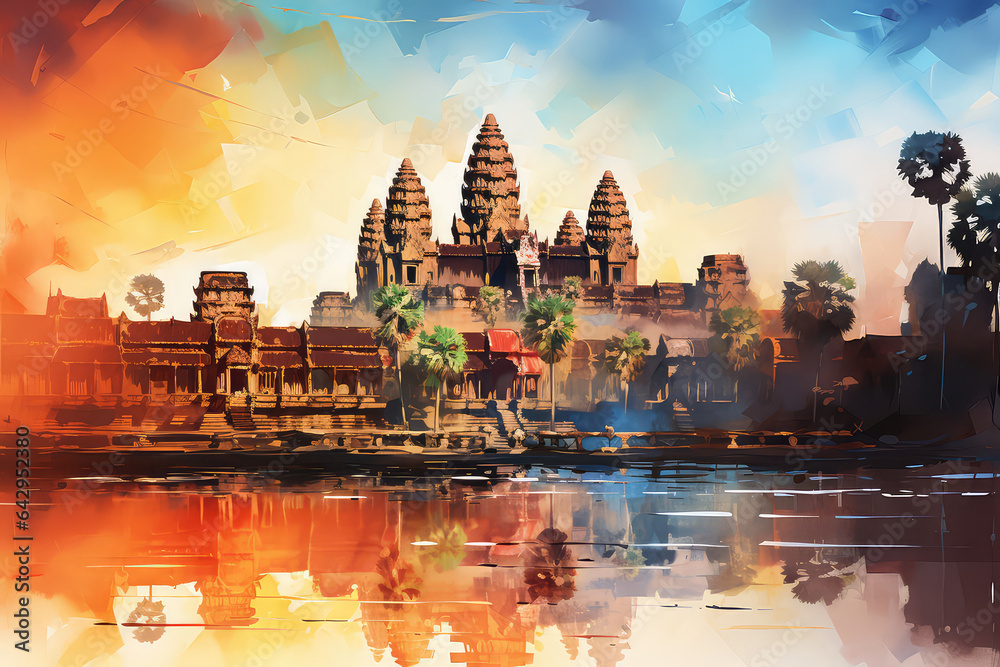 Angkor Wat Temple, Cambodia, Southeast Asia. Watercolor painting ...