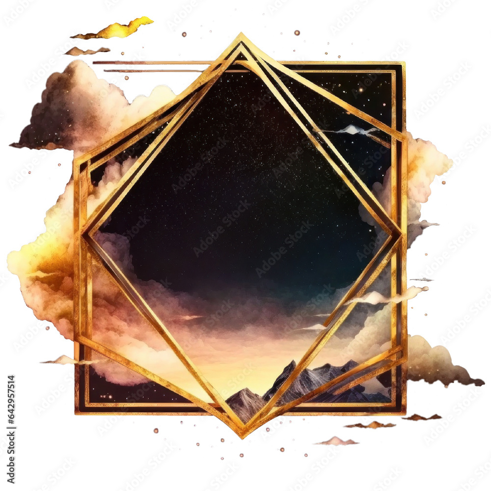 Celestial abstract gold frame with clouds, Night sky watercolor ...