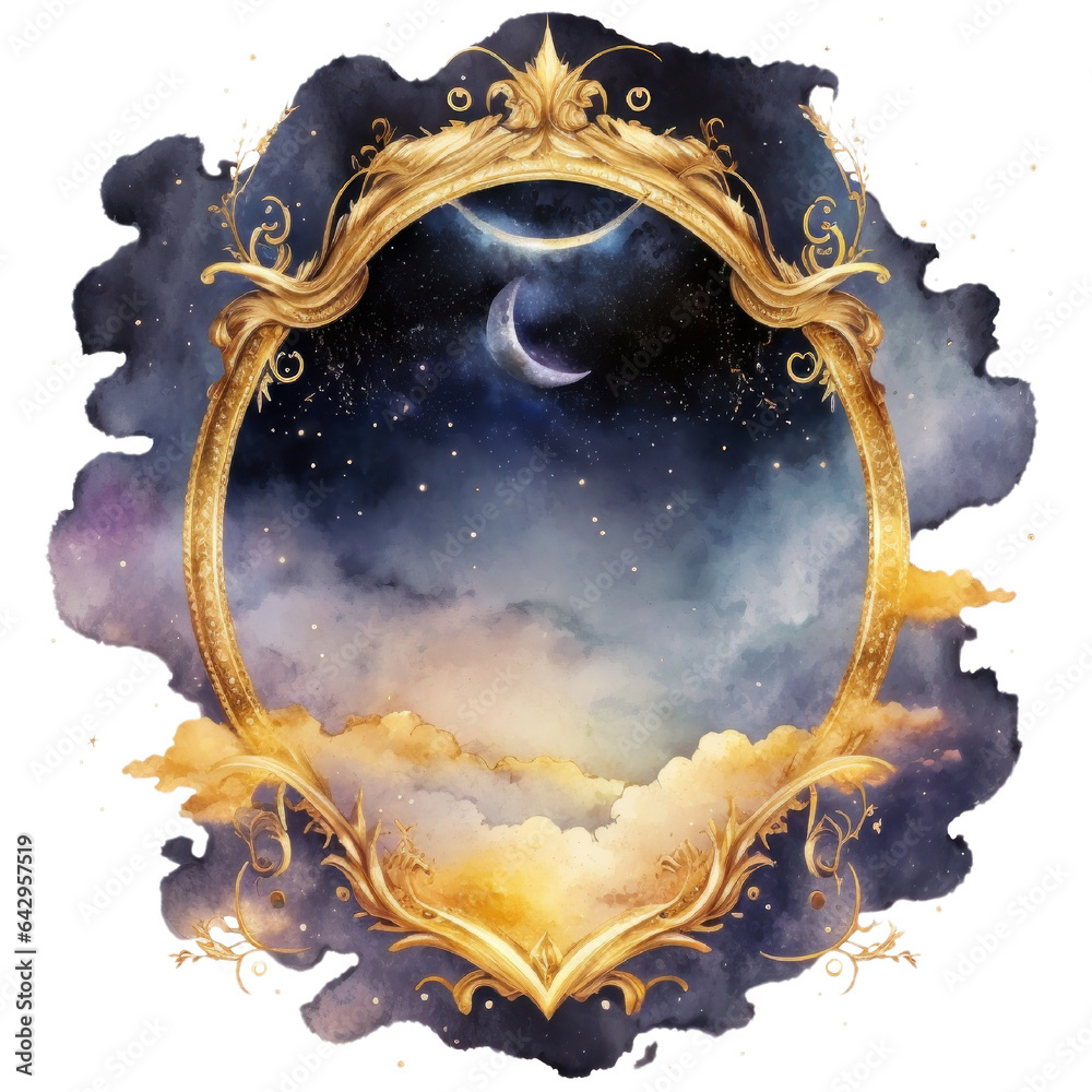 Celestial oval gold frame with clouds and crescent, Night sky ...