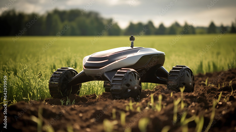 Modern autonomous agricultural robot traverses lush green farming field ...