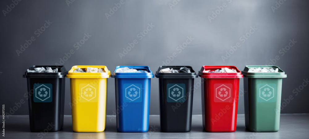 Plastic, glass, metal, and paper recycle bins, Trash cans for garbage ...