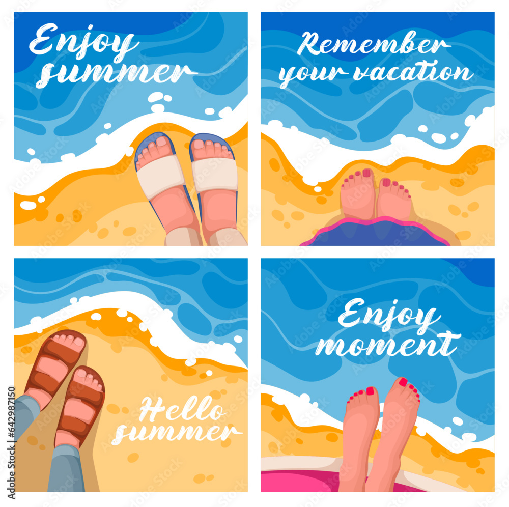 Top view of legs on sandy beach set vector illustration. Cartoon ...