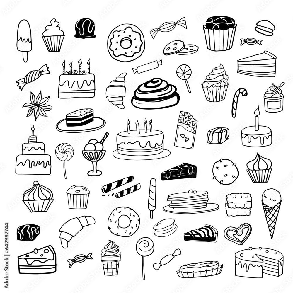 Cute set of delicious. Bakery. Cake with candles, cupcake, donut ...
