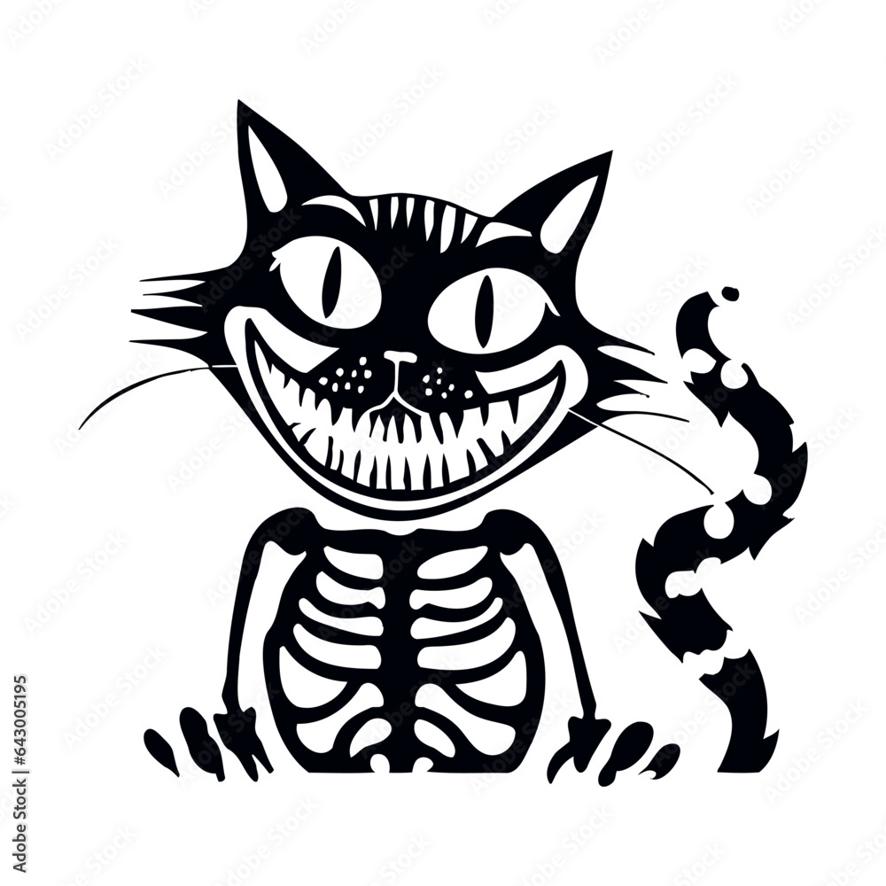 Cartoon cat skeleton with a grin, black silhouette on a transparent ...