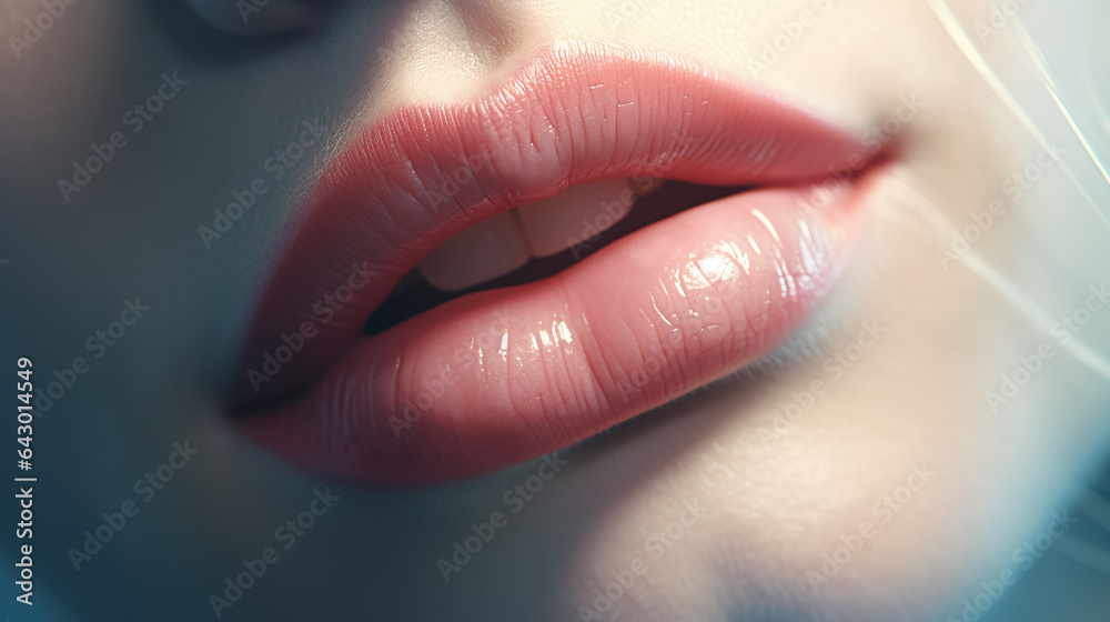 A close-up photo of a girl's lips in a kissing pose, set against a blue ...
