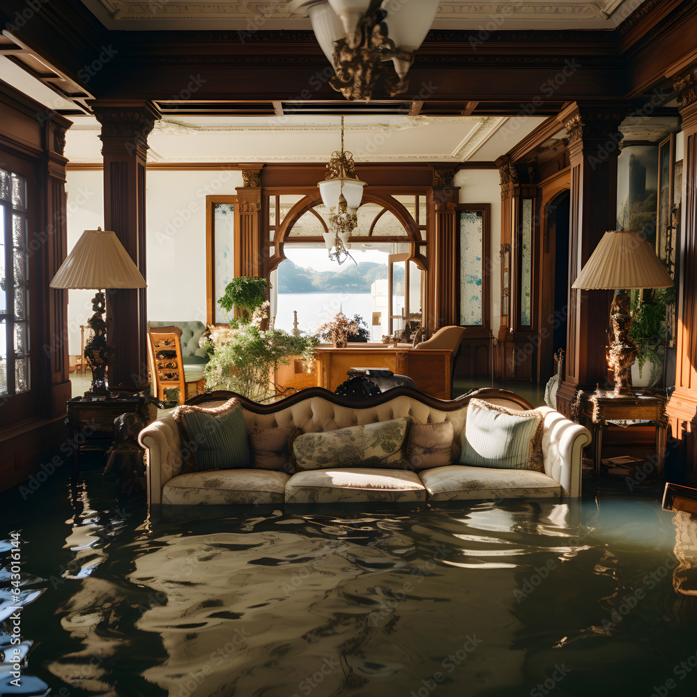 A home living room flooded with water from a storm or hurricane. Nice ...