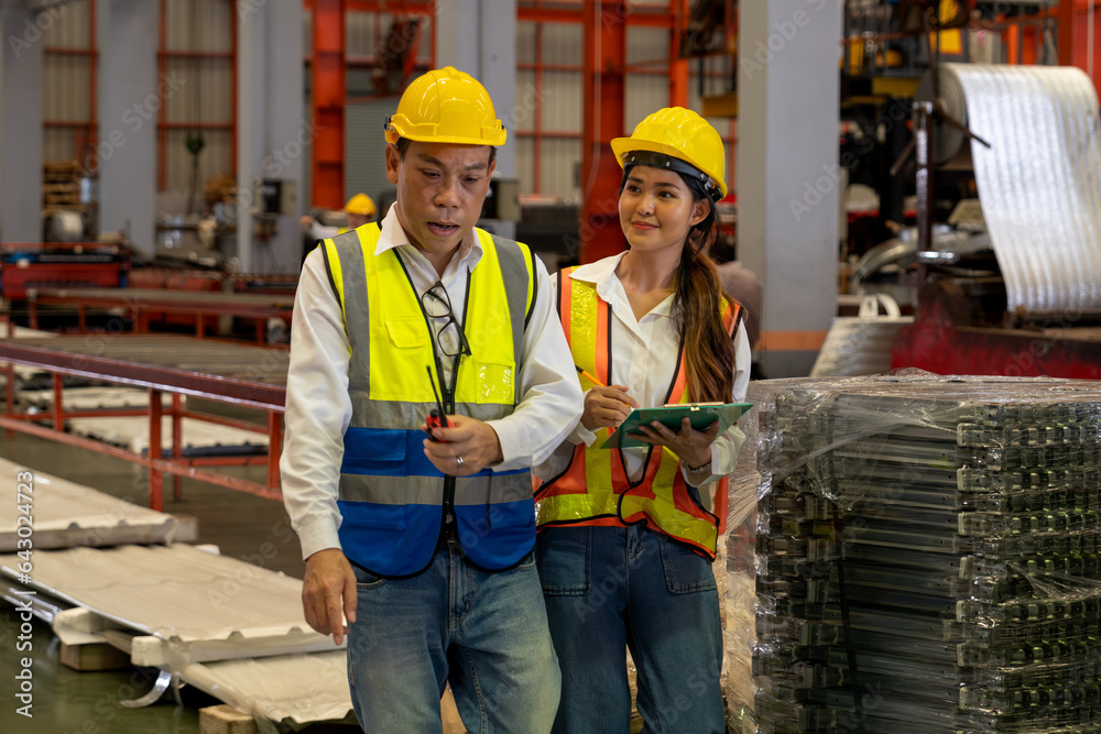Factory foreman worker and engineer conduct inspection of steel machine ...