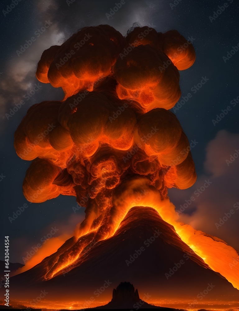 An erupting volcano, with billowing smoke rising high into the sky, and ...