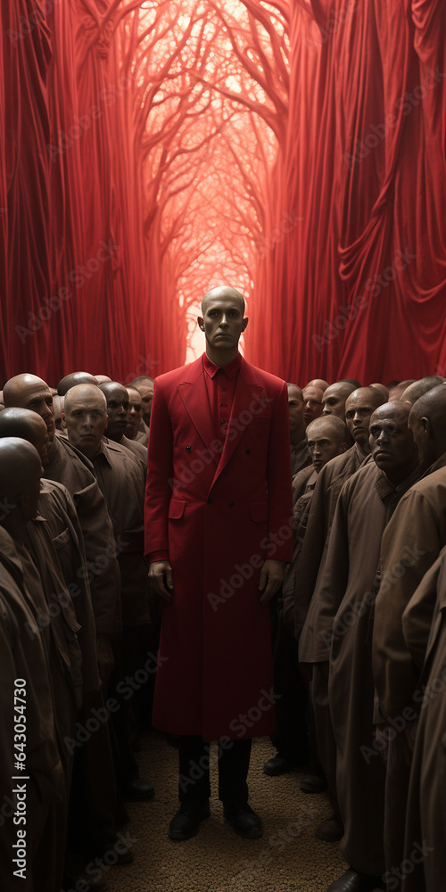 Sekte mit vielen dunklen Menschen und seinen Anführer in roten Outfit ...