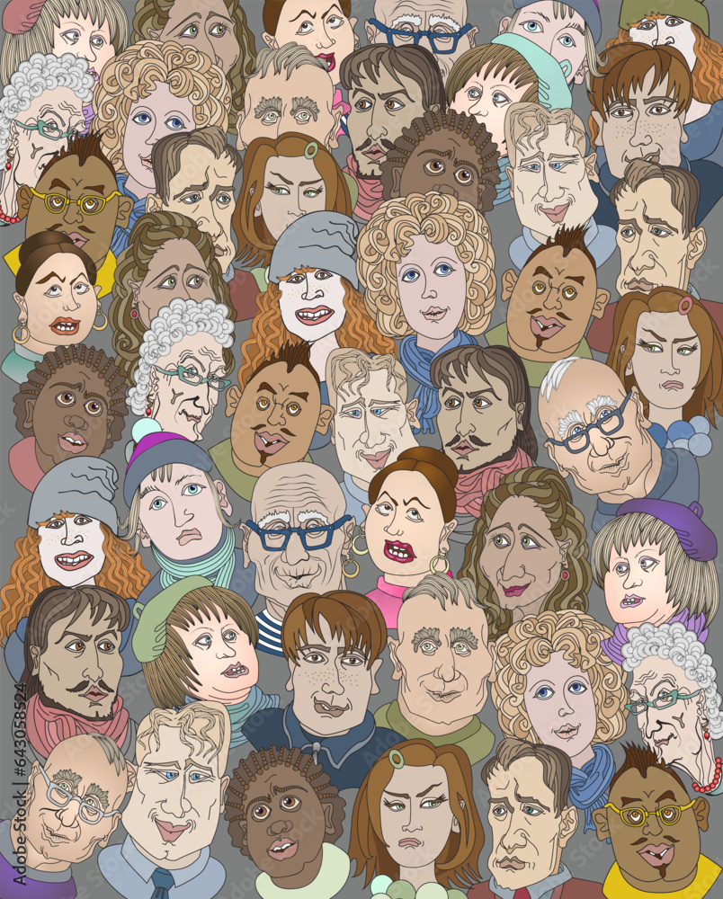 Vector humorous background with hand drawn cartoon people faces Stock ...