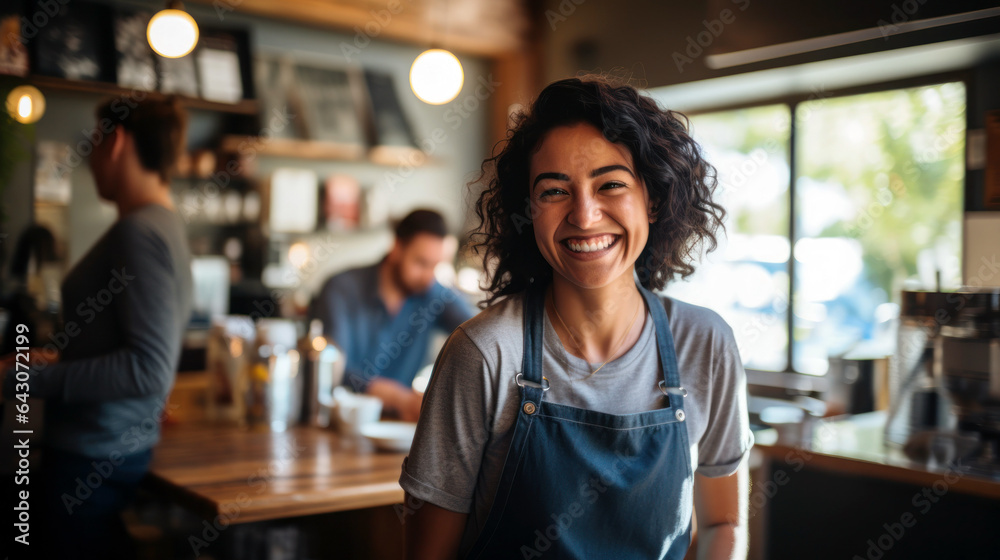 barista with a fresh face and no-makeup look, wearing a simple denim ...