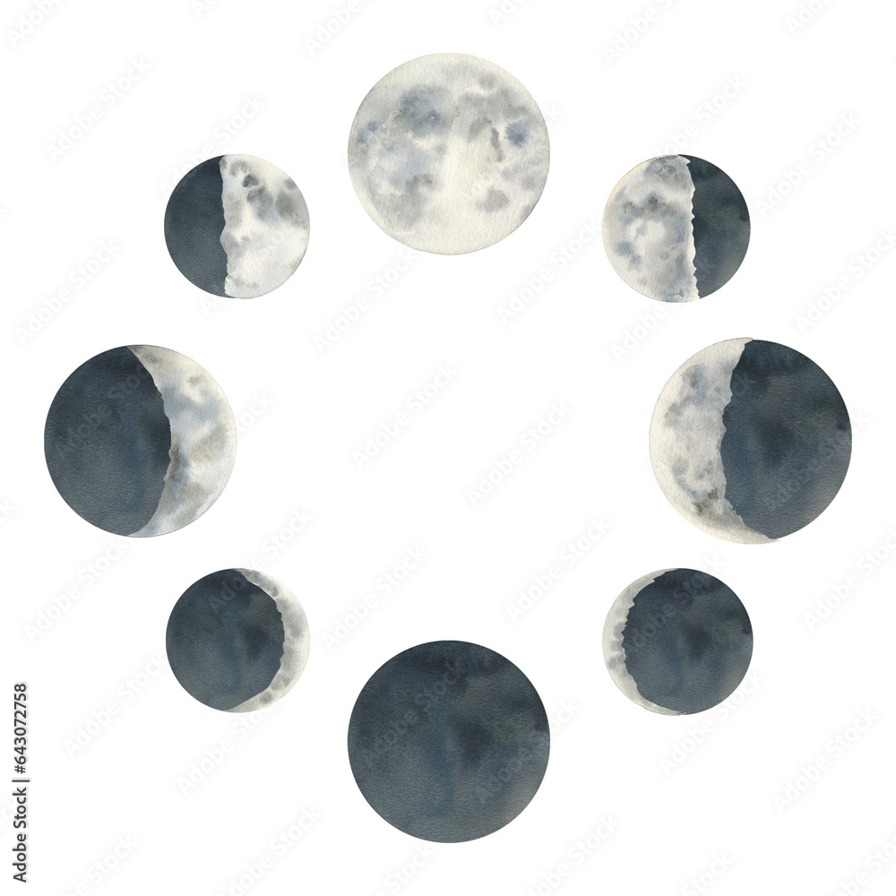 Watercolor phases of the Moon collection. Cyclically changes from new ...