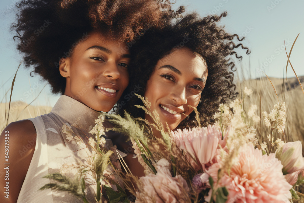 African American lesbian couple in nature, smiling afro girl, Homosexual partnership Stock Photo ...