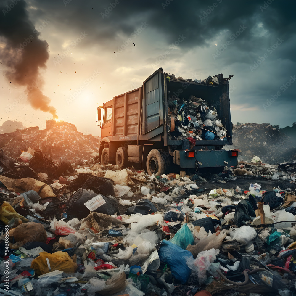 Dump truck in landfill dump. An environmental concept of trash and ...