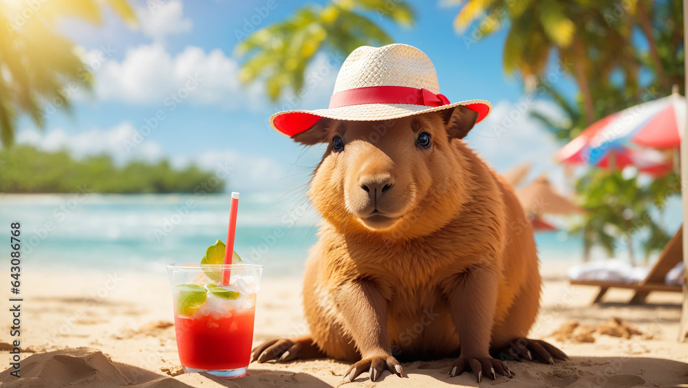 Cute funny capibara animal chilling on the beach,smiling, laughing ...