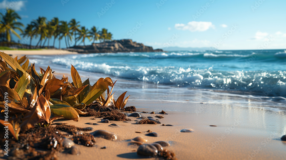 Tropical sea beach mockup template and palm leaf on seaside background ...