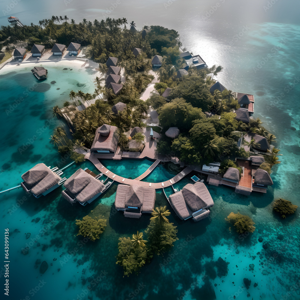 Bungalows on a private secluded resort style island. Represents a ...