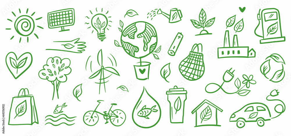 A collection of vector environmental symbols hand-drawn in the style of ...