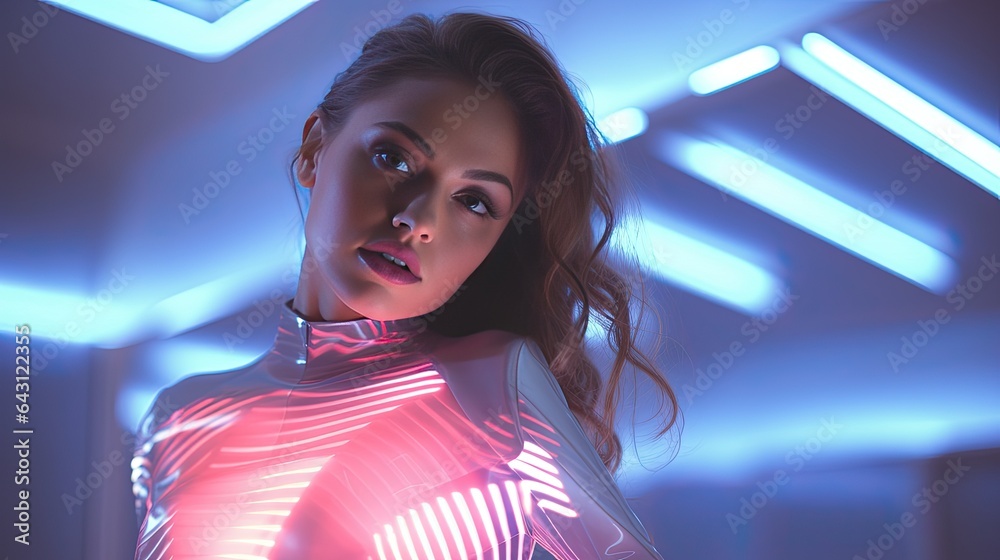 Fashion model in a dynamic outfit that changes colors, set in a high ...