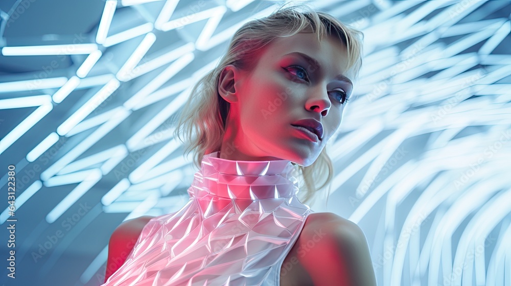 Fashion model in a dynamic outfit that changes colors, set in a high ...