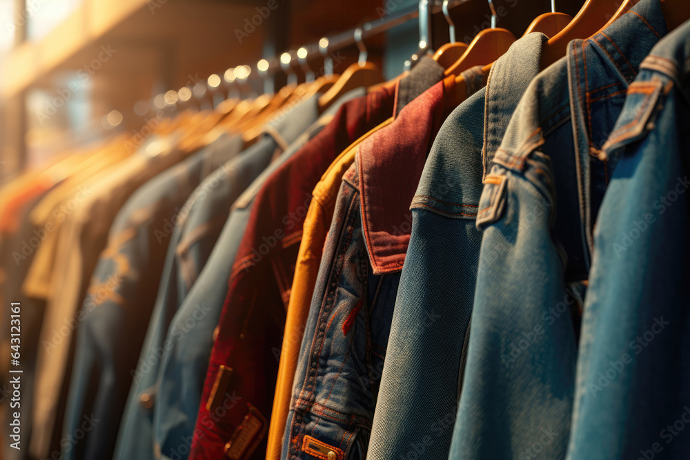 Closeup Of Vintage Denim Jackets On Store Rack. Secondhand. Сoncept ...
