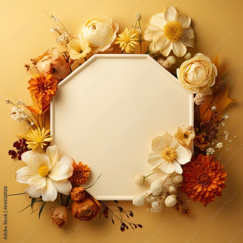 blank botanical Hexagon frame made from rose flowers isolated on orange ...