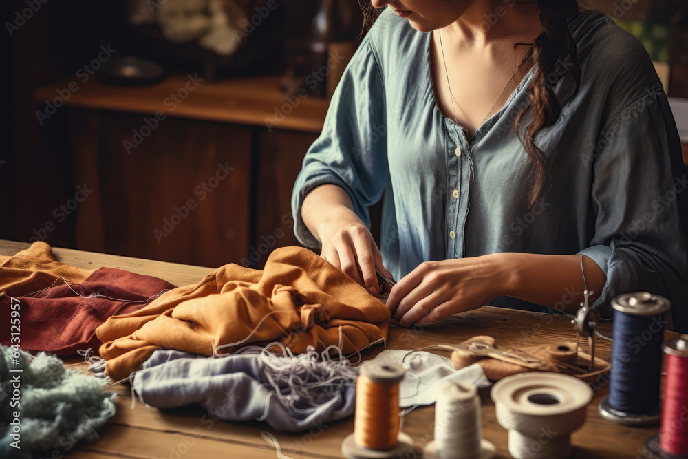 Person Mending And Repairing Clothes With Sewing Tools. Сoncept Sewing ...