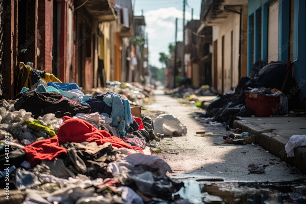 Discarded Textiles Among Debris In Alley. Сoncept Creative Upcycling ...