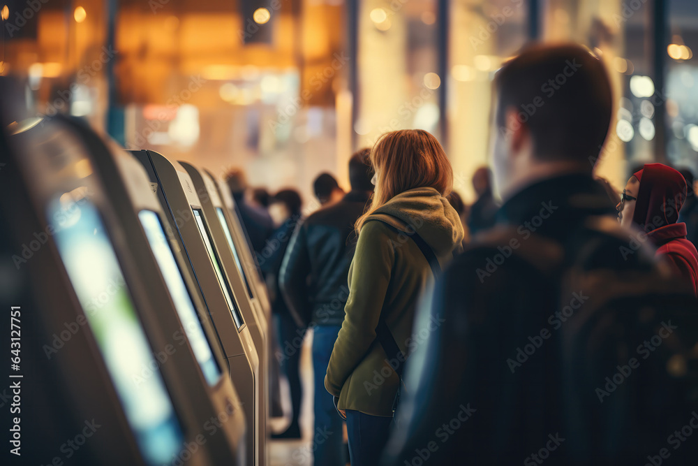 Queue Lot Of People In The Information Kiosk. Сoncept Choosing The ...
