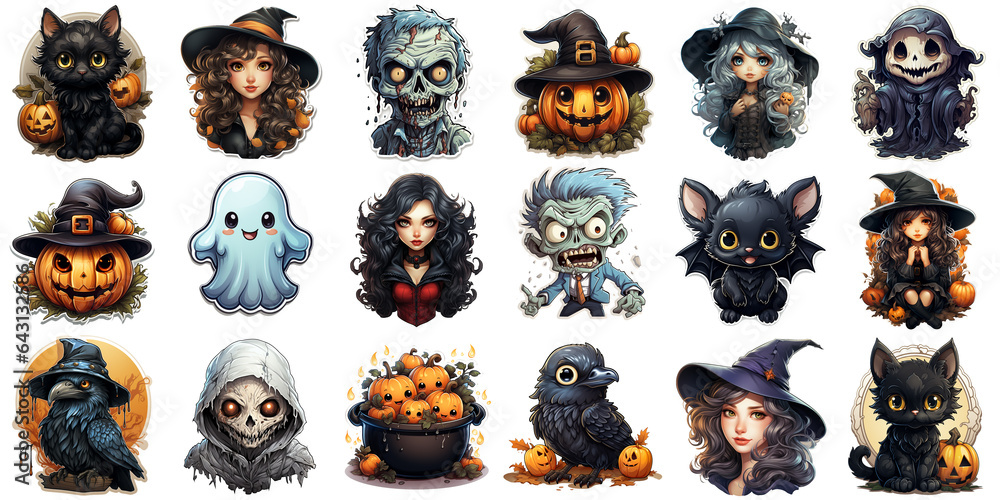Happy Halloween holiday stickers pack, many creepy color cute Haloween ...