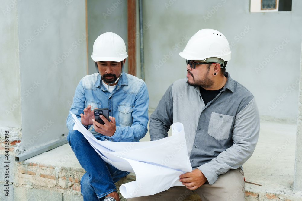 Architects and home construction engineers wear a helmet Sitting in the ...